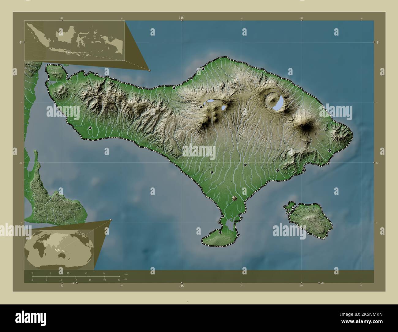 Bali, province of Indonesia. Elevation map colored in wiki style with ...