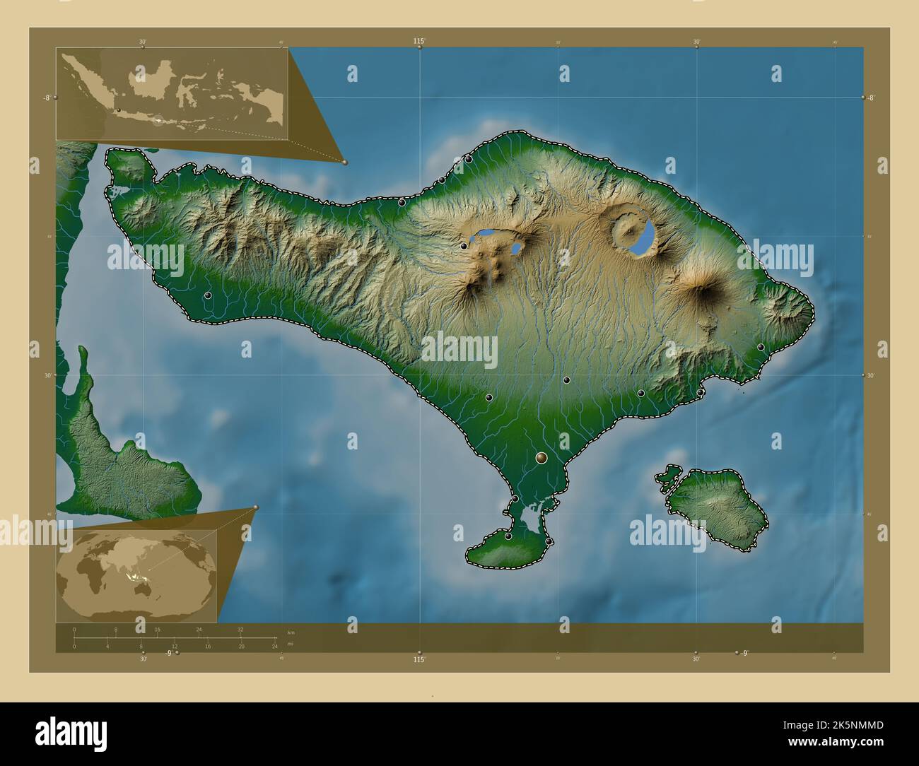Bali, province of Indonesia. Colored elevation map with lakes and ...