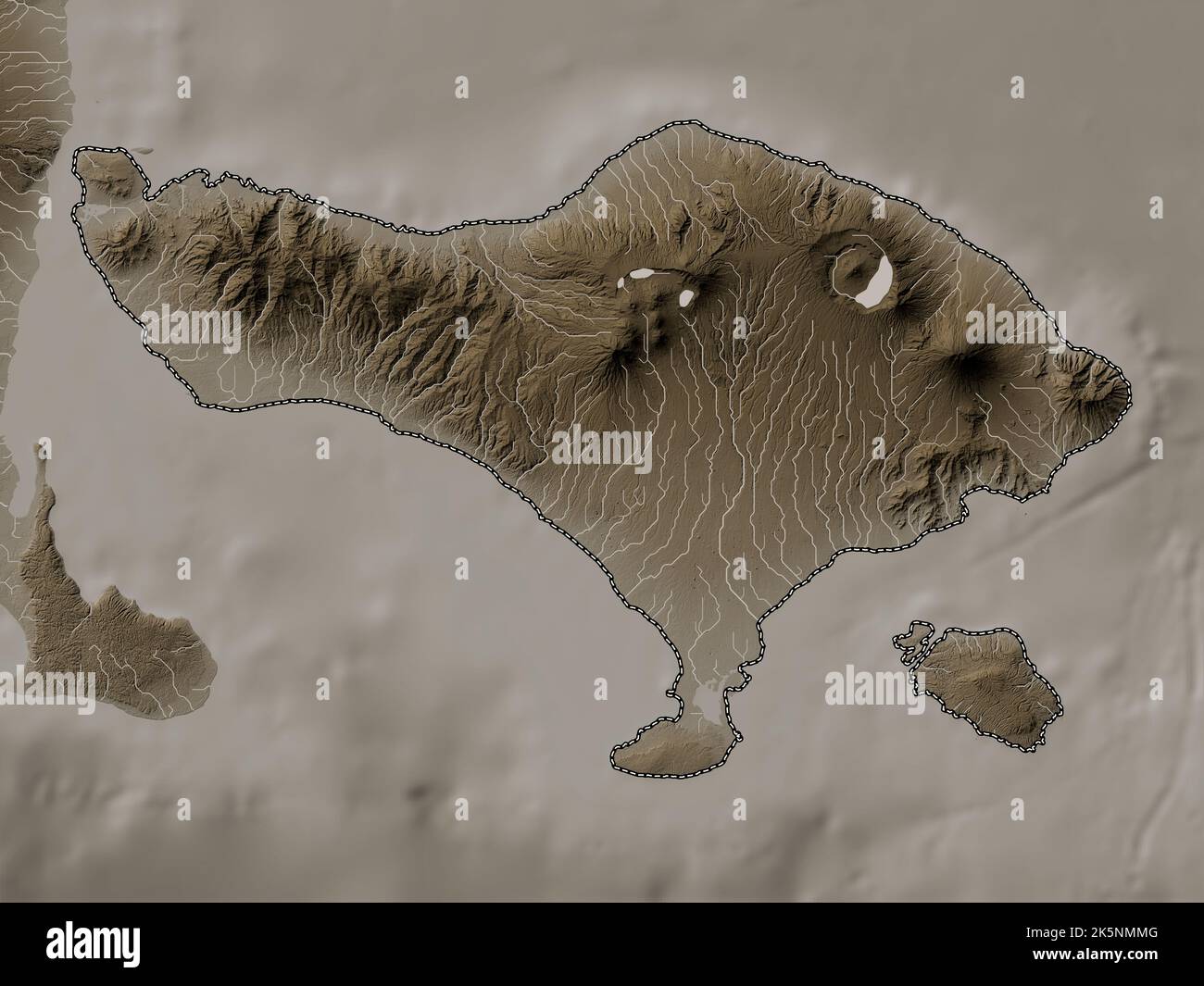 Bali, province of Indonesia. Elevation map colored in sepia tones with lakes and rivers Stock ...