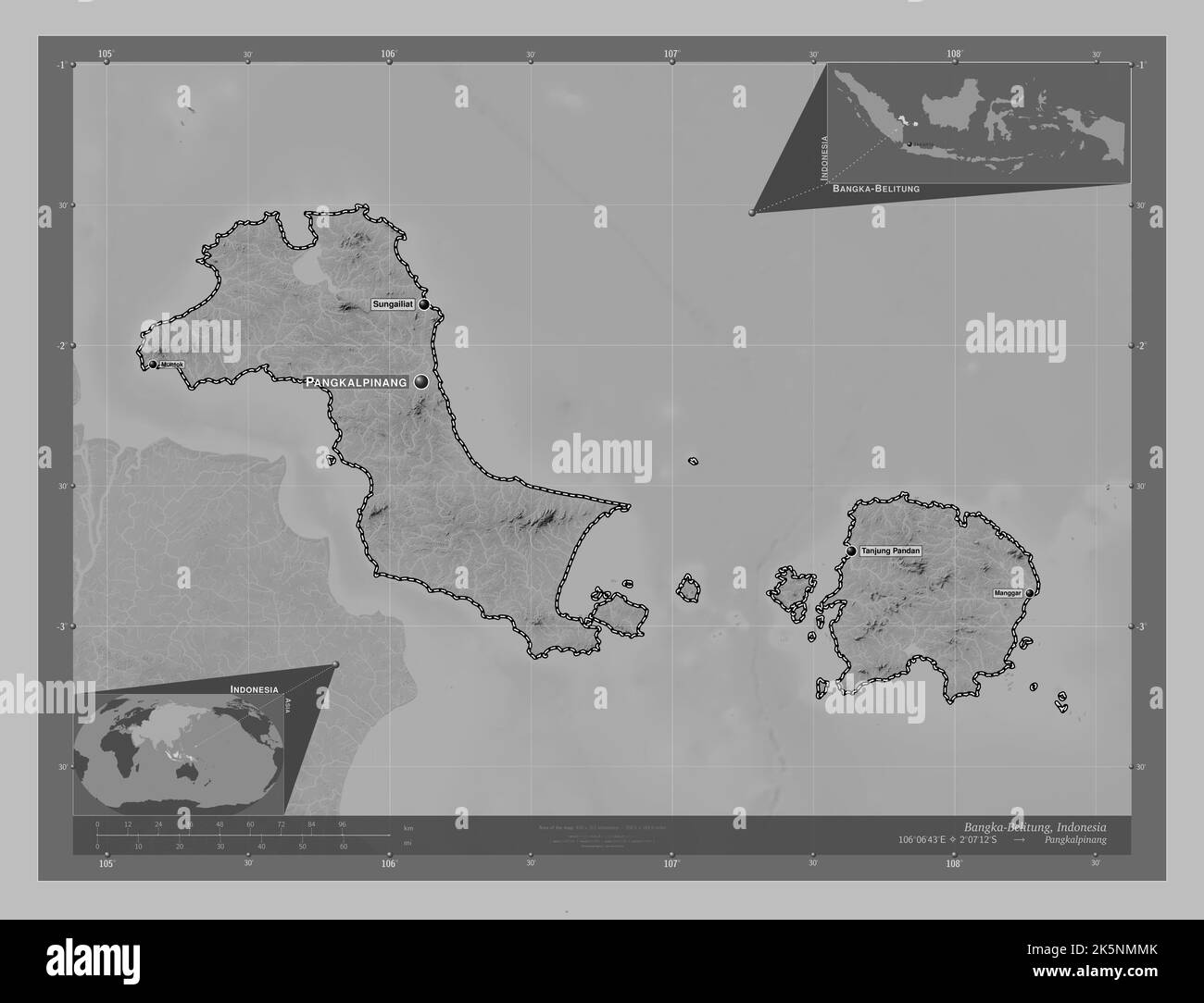 Bangka-Belitung, province of Indonesia. Grayscale elevation map with ...