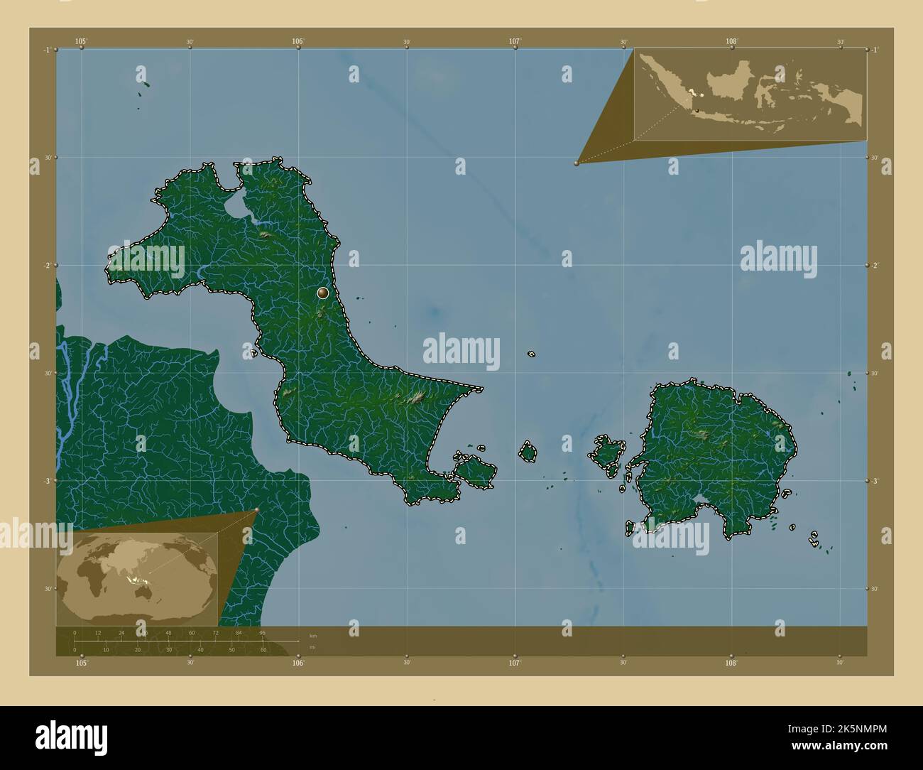 Bangka-Belitung, province of Indonesia. Colored elevation map with ...