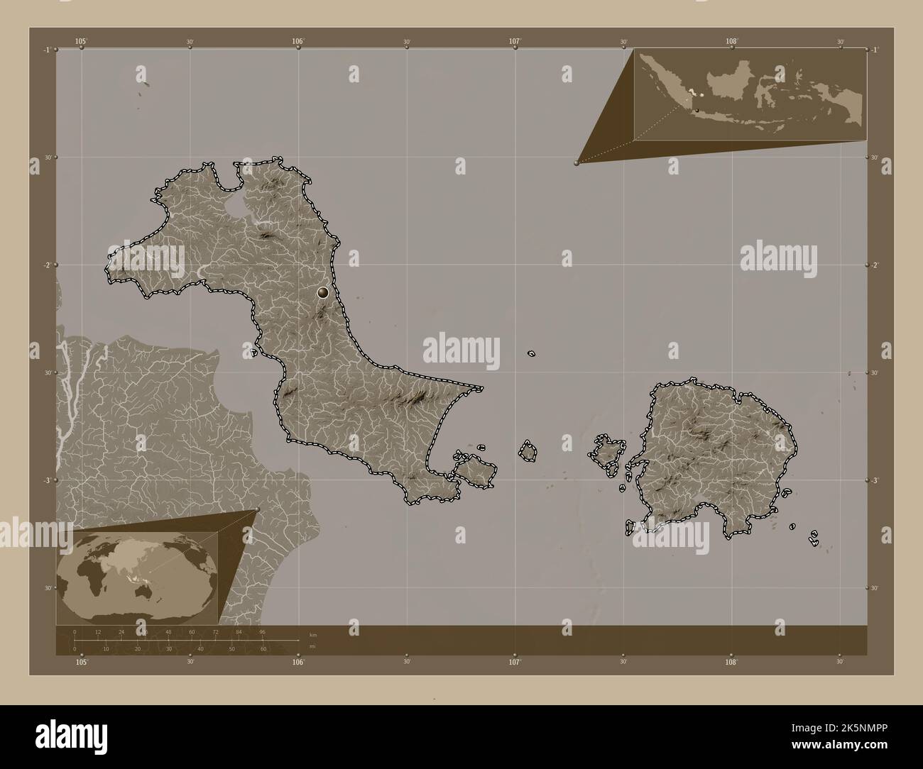 Bangka-Belitung, province of Indonesia. Elevation map colored in sepia ...