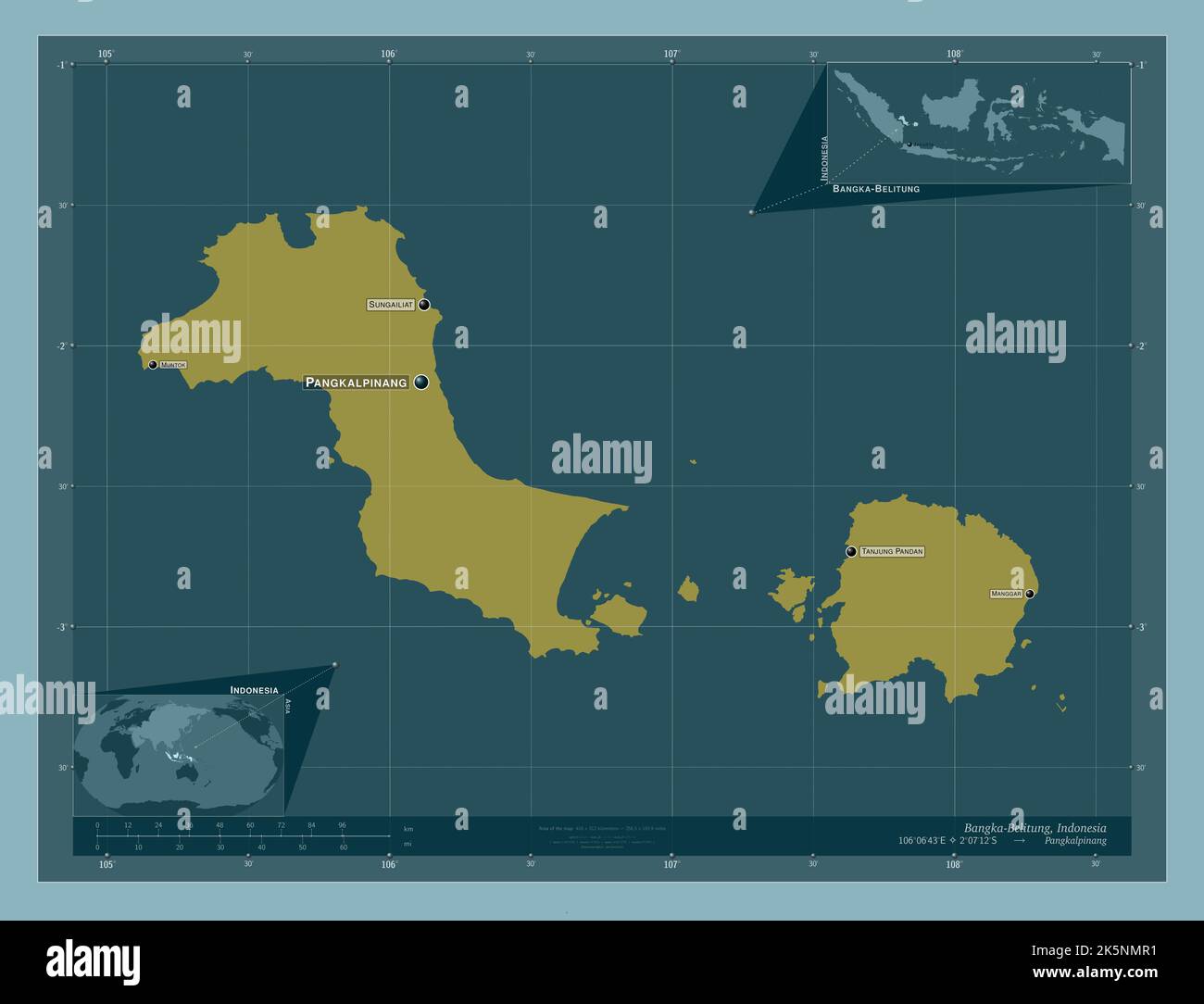 Bangka-Belitung, province of Indonesia. Solid color shape. Locations ...
