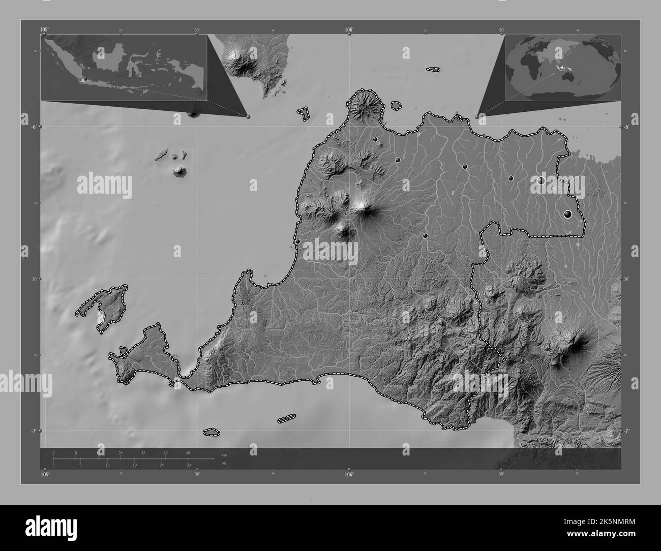 Banten, province of Indonesia. Bilevel elevation map with lakes and ...