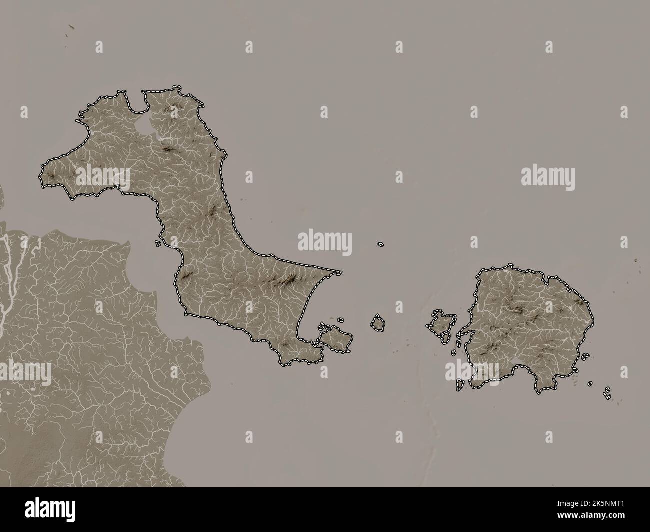 Bangka-Belitung, province of Indonesia. Elevation map colored in sepia ...