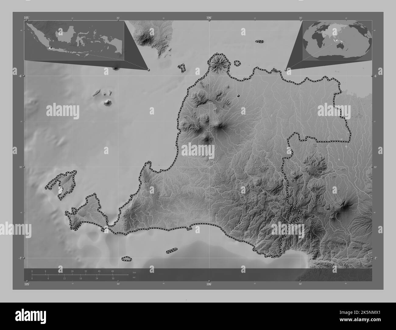 Banten, province of Indonesia. Grayscale elevation map with lakes and ... Banten, province of Indonesia. Grayscale elevation map with lakes and ...