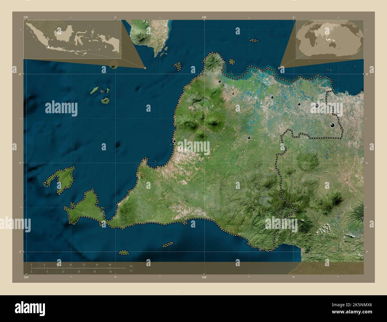 Banten, province of Indonesia. High resolution satellite map. Locations ...