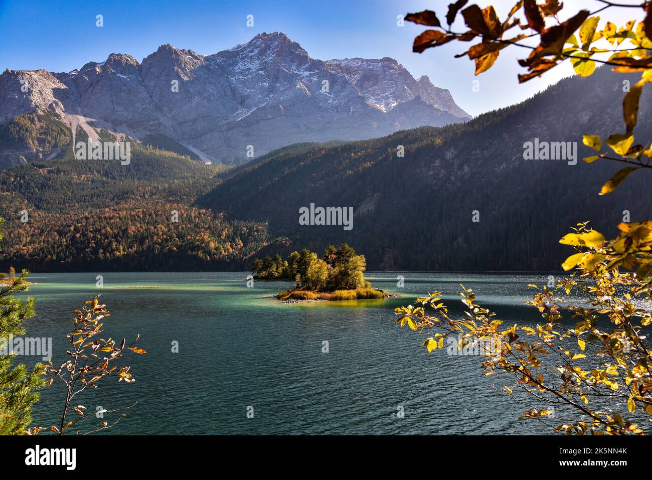 Island in the Eibsee near Grainau, below the Zugspitze (2962 m) in the ...