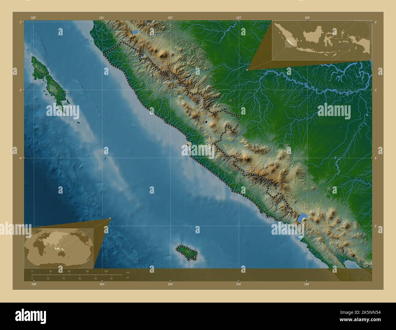 Bengkulu, province of Indonesia. Colored elevation map with lakes and ...