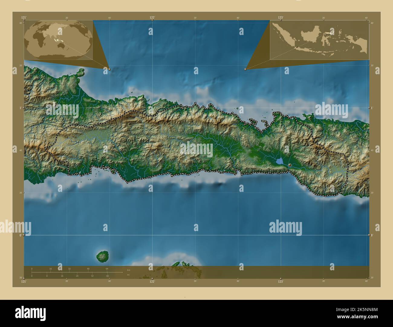 Gorontalo, province of Indonesia. Colored elevation map with lakes and ...