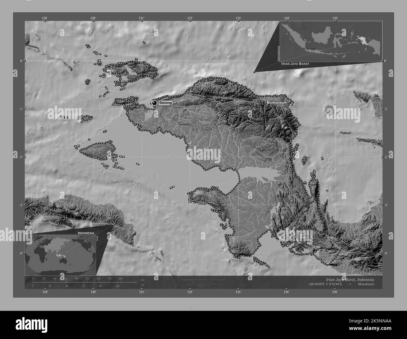 Irian Jaya Barat, province of Indonesia. Bilevel elevation map with ...