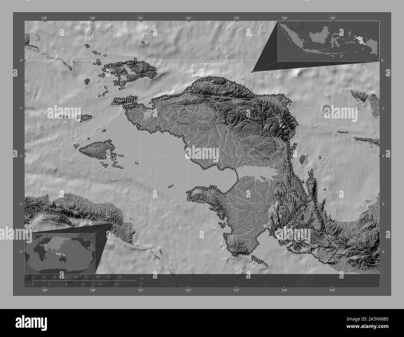 Irian Jaya Barat, province of Indonesia. Bilevel elevation map with ...
