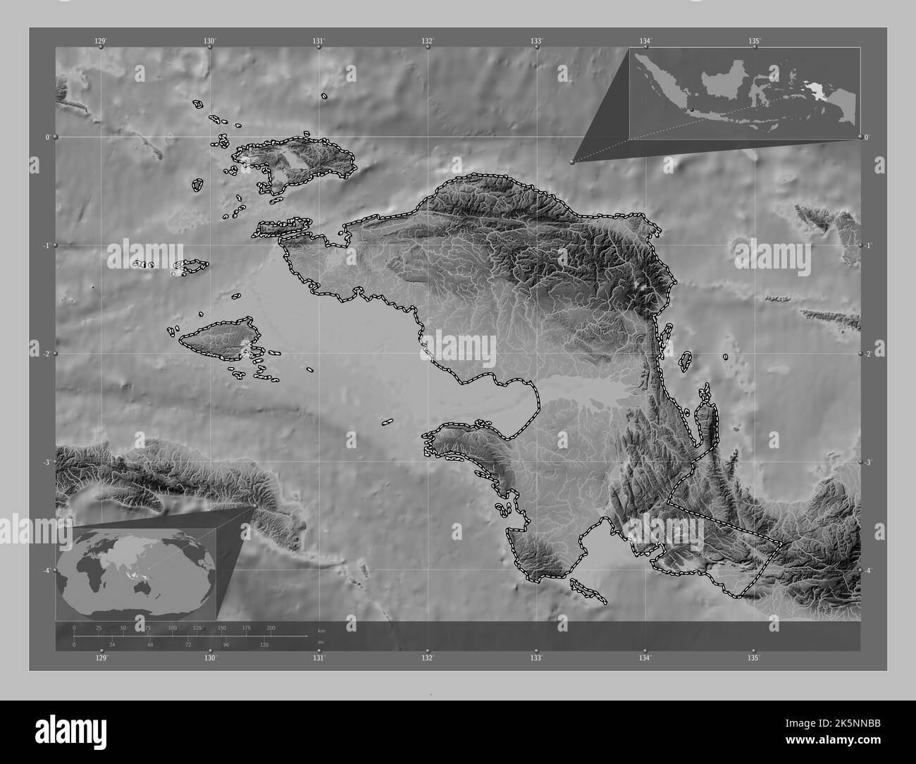 Irian Jaya Barat, province of Indonesia. Grayscale elevation map with ...