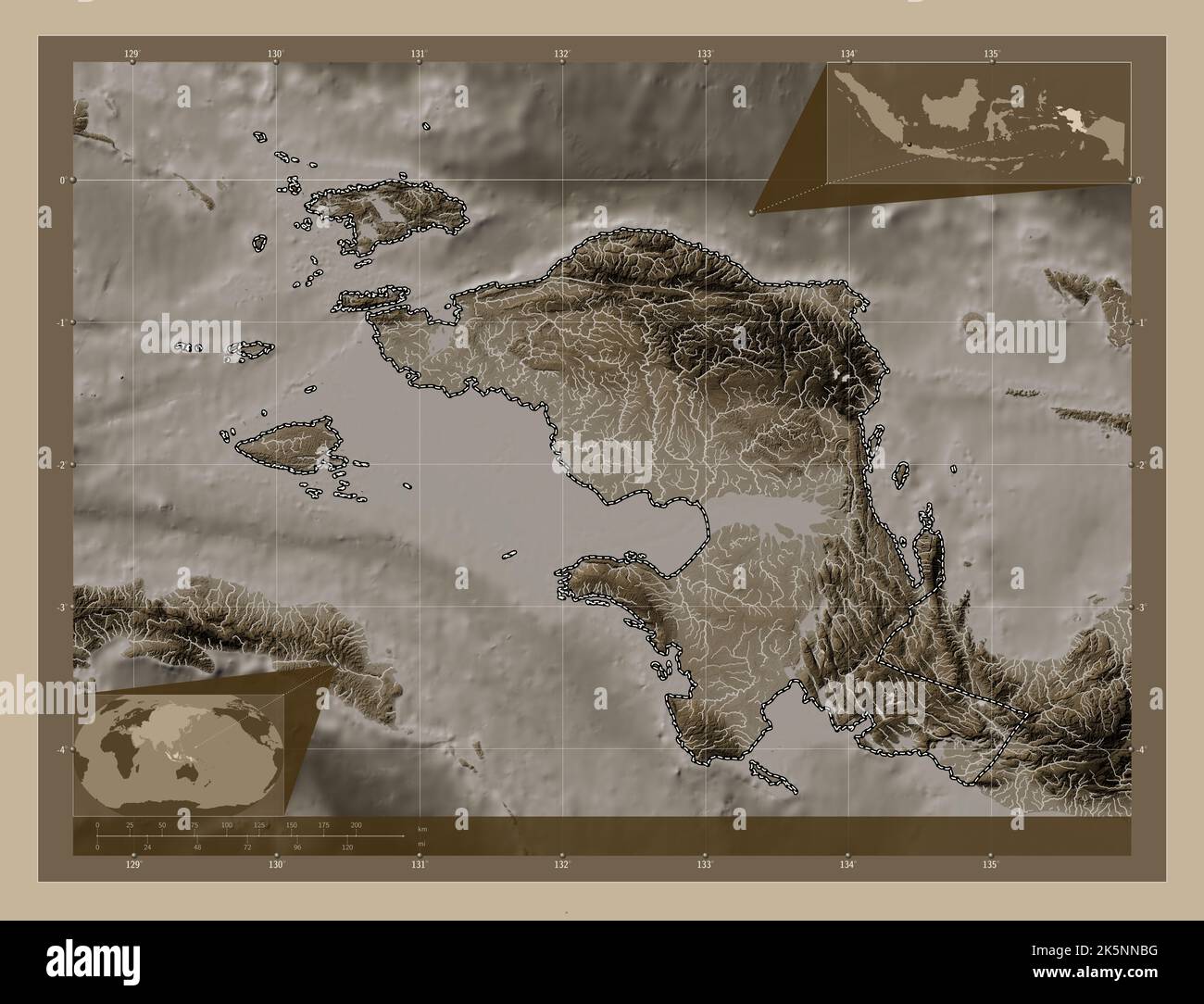 Irian Jaya Barat, province of Indonesia. Elevation map colored in sepia ...