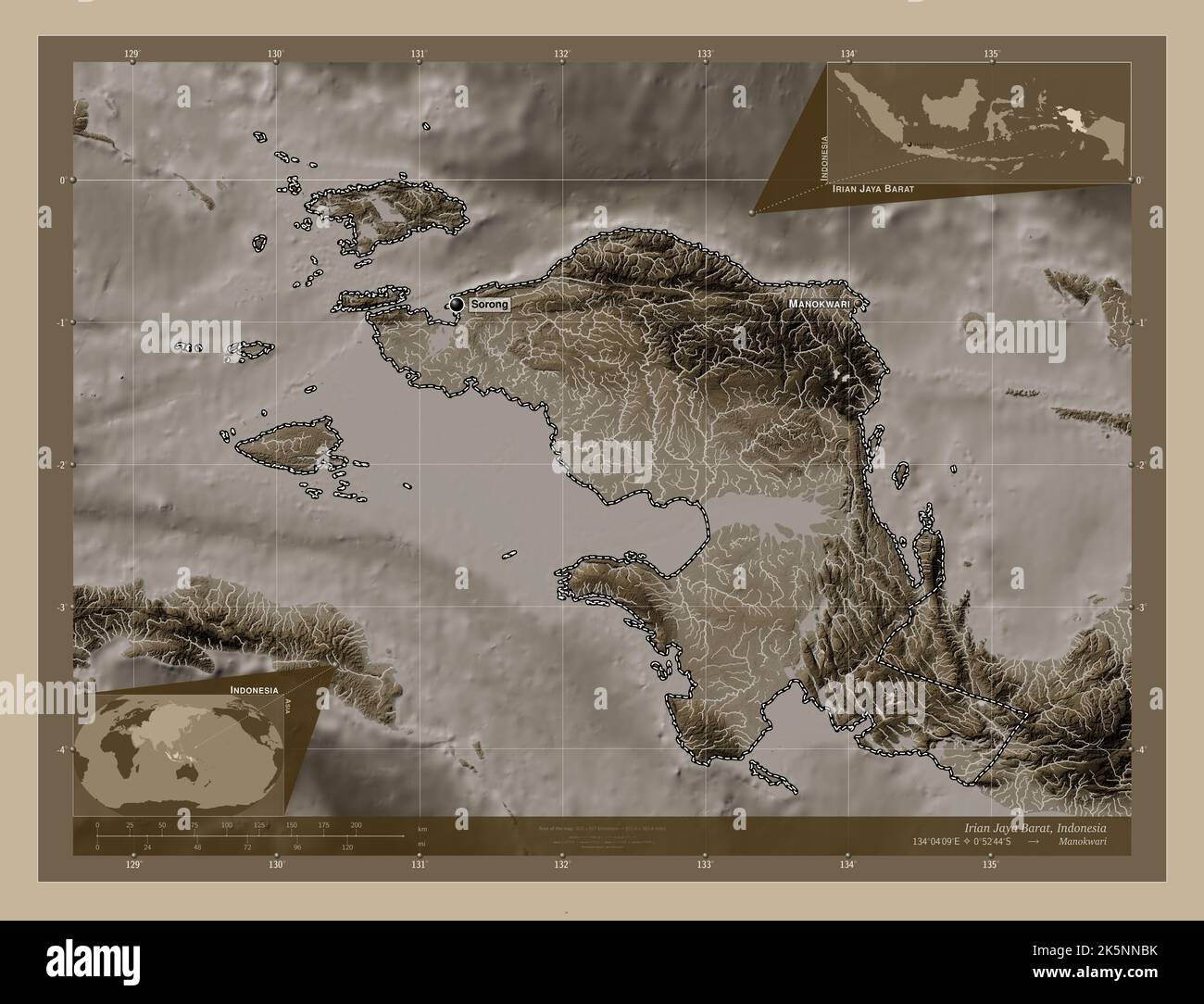 Irian Jaya Barat, province of Indonesia. Elevation map colored in sepia ...