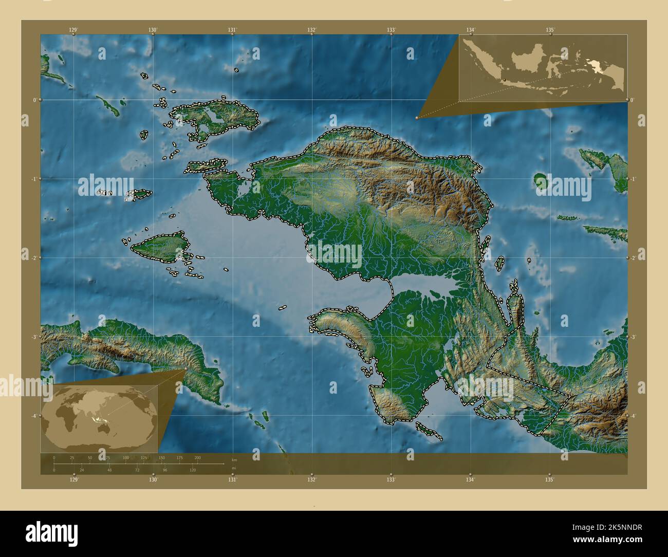Irian Jaya Barat, province of Indonesia. Colored elevation map with ...