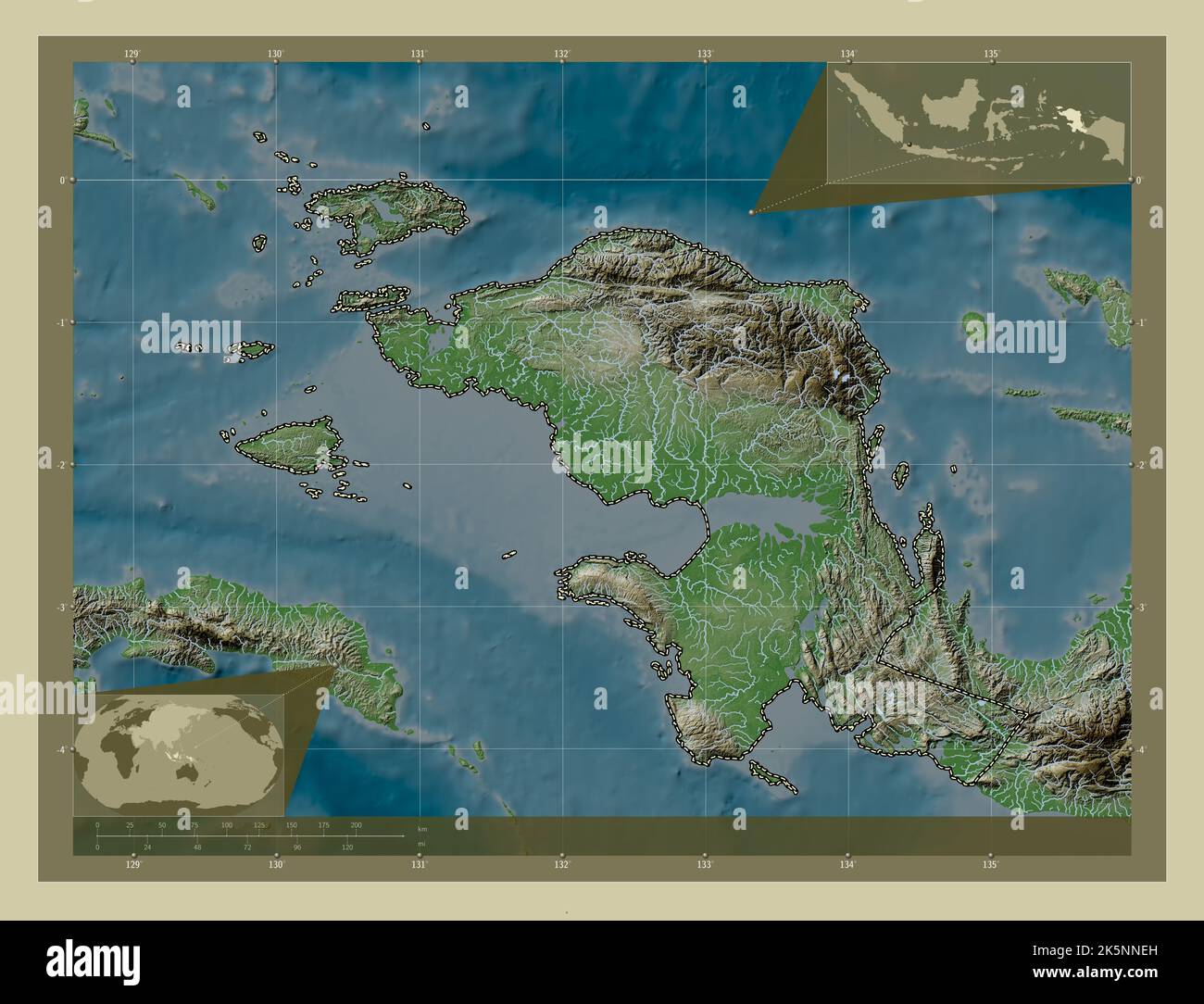 Irian Jaya Barat, province of Indonesia. Elevation map colored in wiki ...