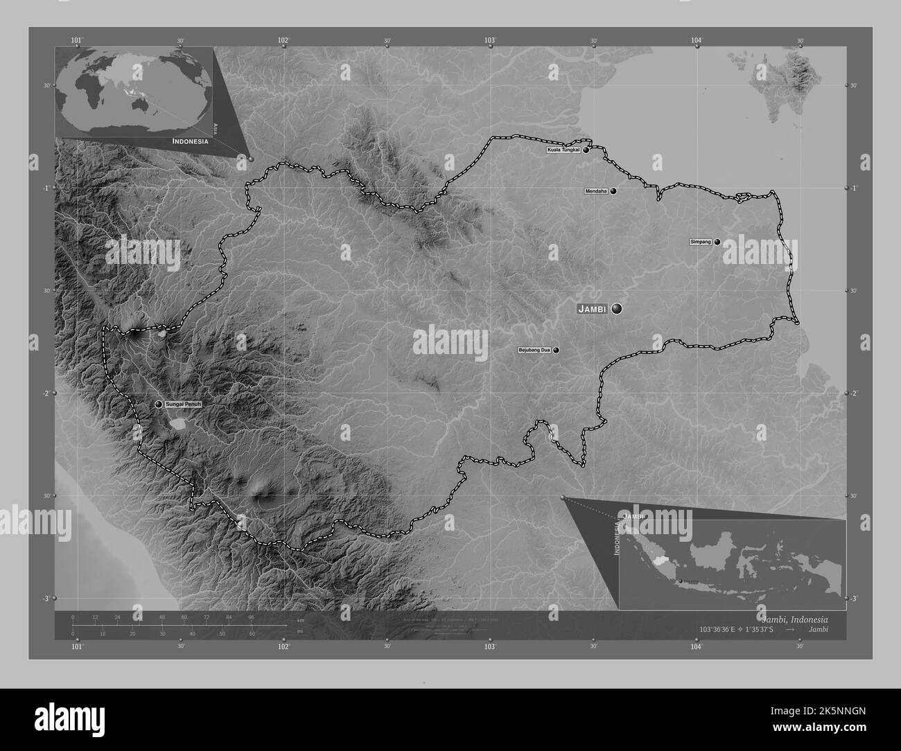 Jambi, province of Indonesia. Grayscale elevation map with lakes and ...