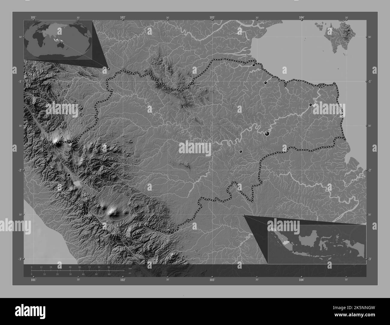 Jambi, province of Indonesia. Bilevel elevation map with lakes and ...