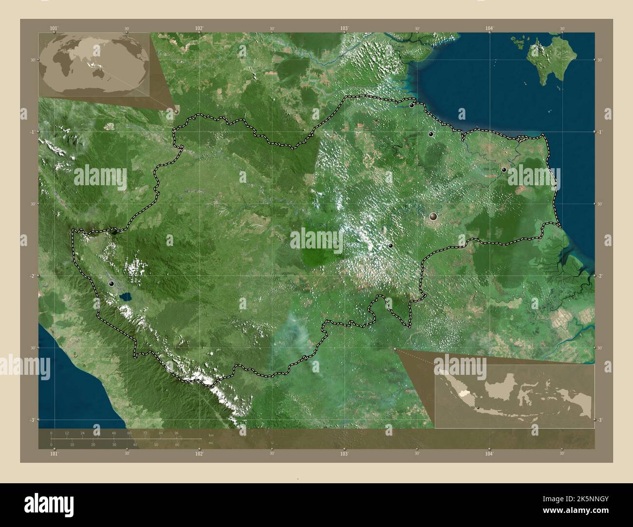 Jambi, province of Indonesia. High resolution satellite map. Locations ...