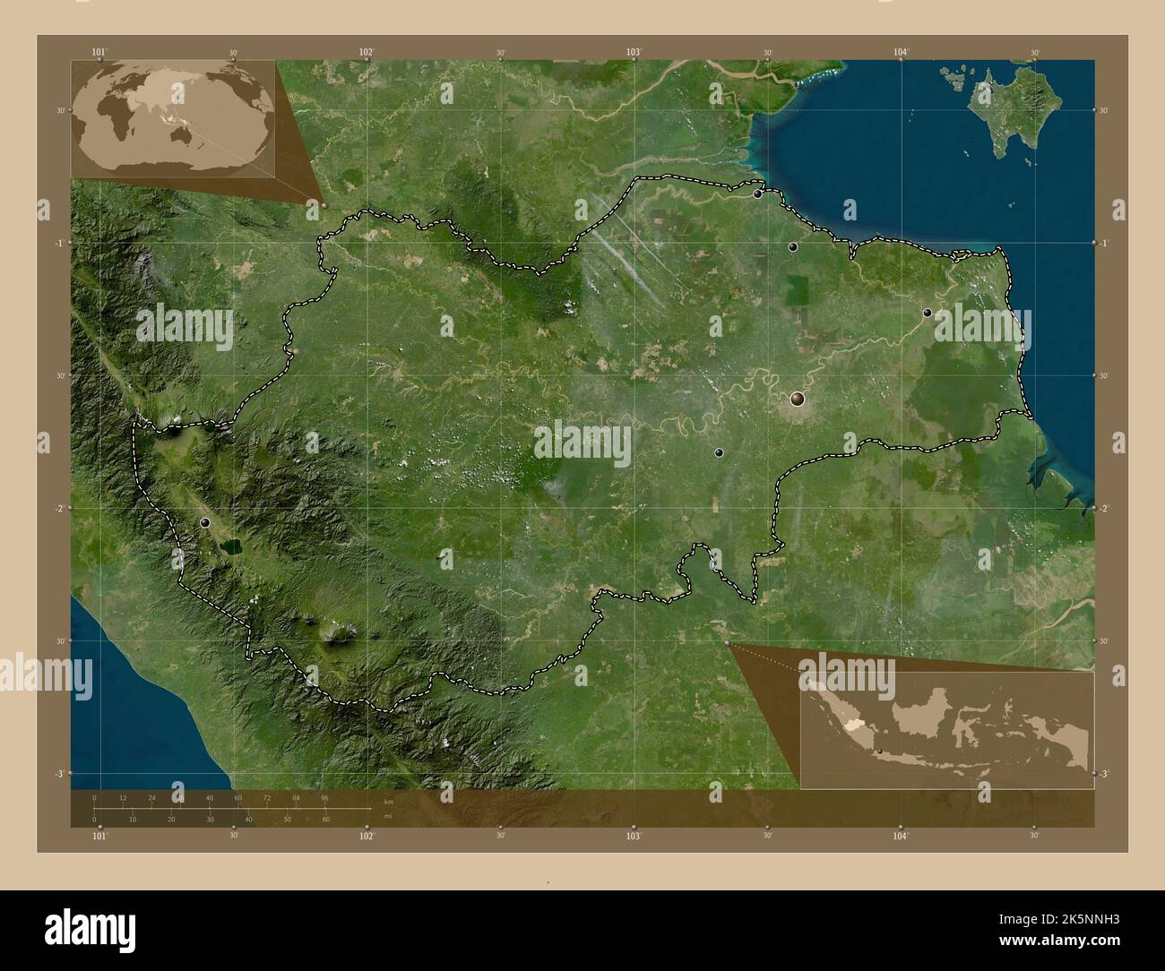 Jambi, province of Indonesia. Low resolution satellite map. Locations ...
