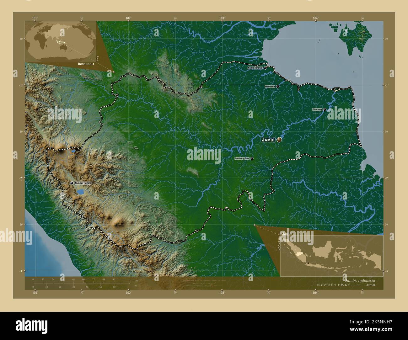 Jambi, province of Indonesia. Colored elevation map with lakes and ...