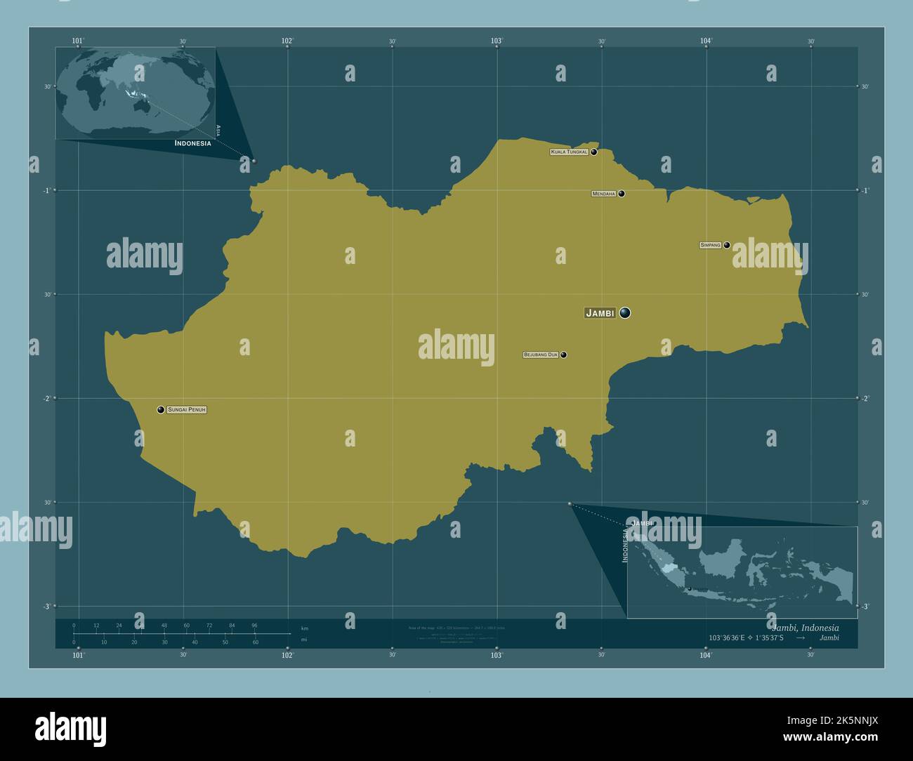 Jambi, province of Indonesia. Solid color shape. Locations and names of ...