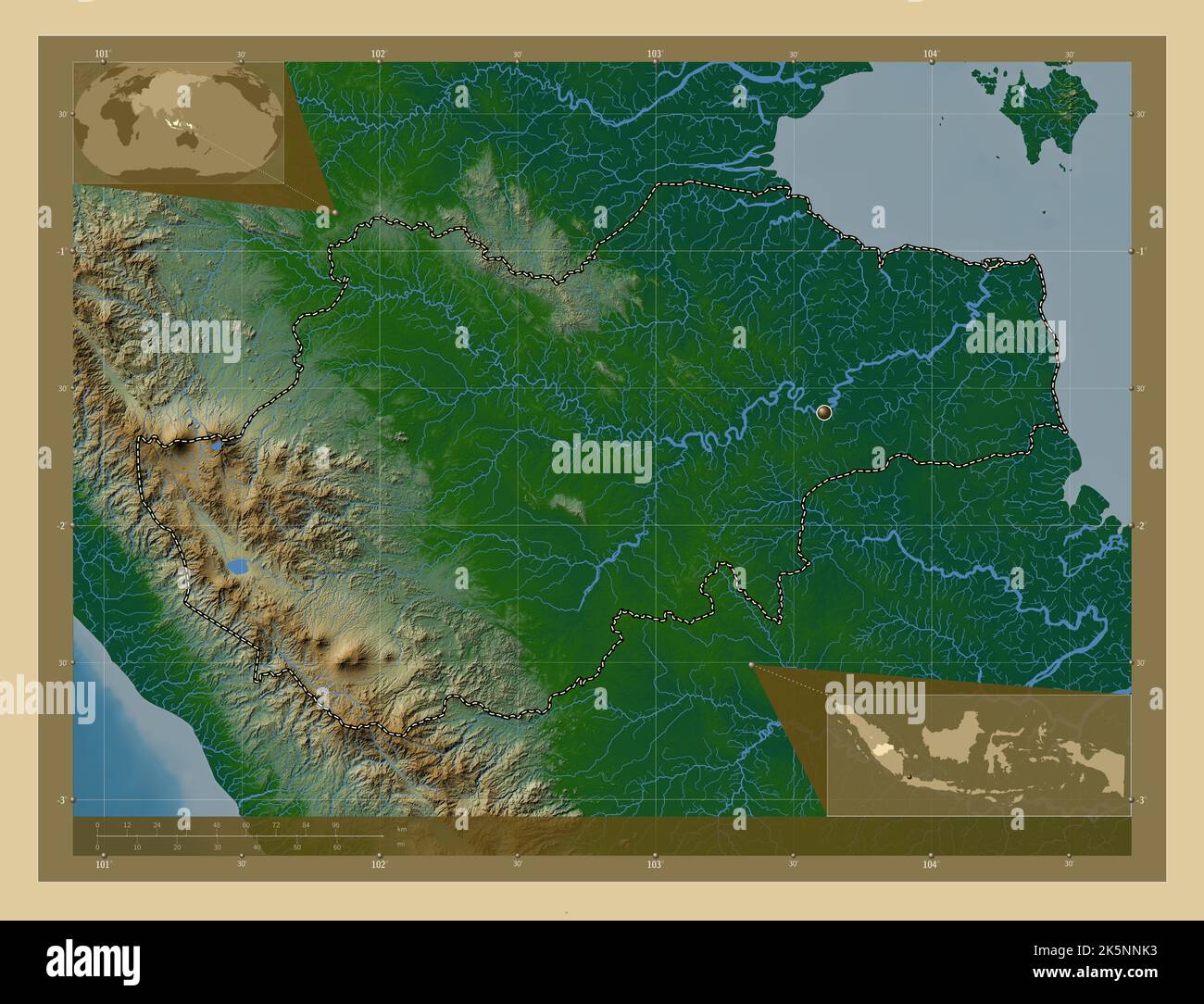 Jambi, province of Indonesia. Colored elevation map with lakes and ...
