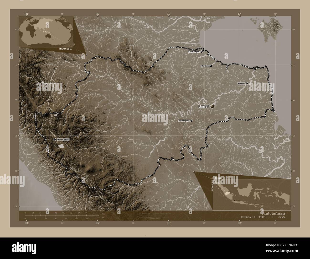 Jambi, province of Indonesia. Elevation map colored in sepia tones with ...