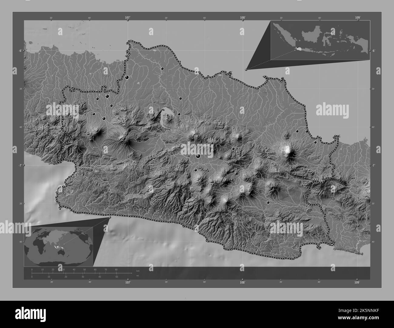 Jawa Barat, province of Indonesia. Bilevel elevation map with lakes and ...