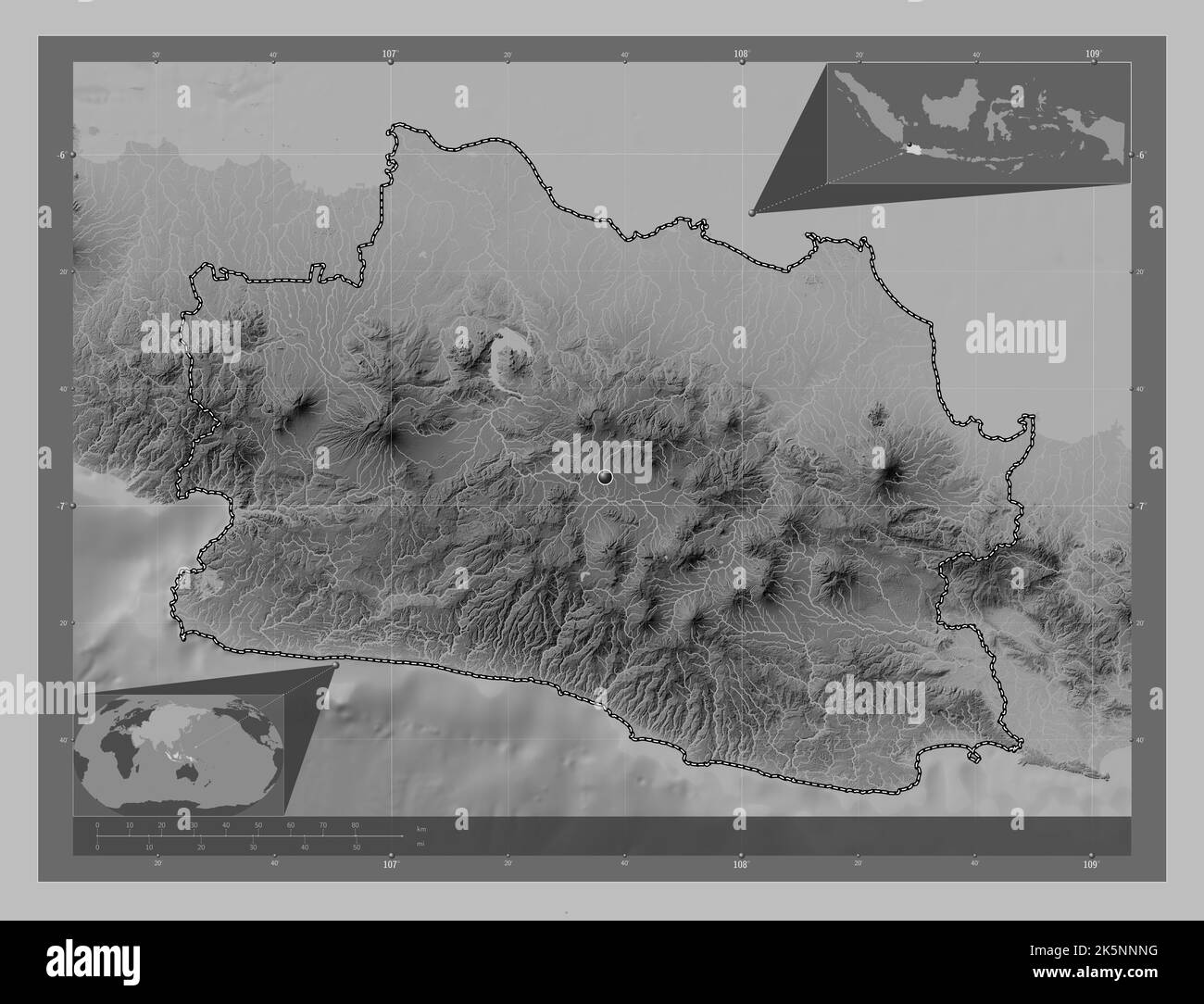 Jawa Barat, province of Indonesia. Grayscale elevation map with lakes ...