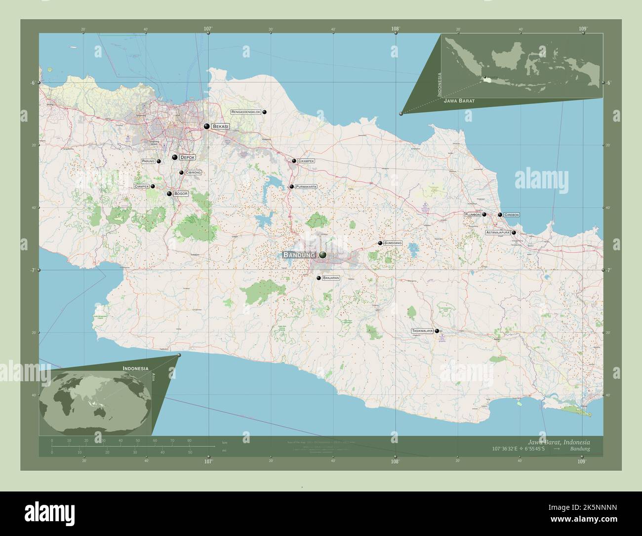 Jawa Barat, province of Indonesia. Open Street Map. Locations and names ...