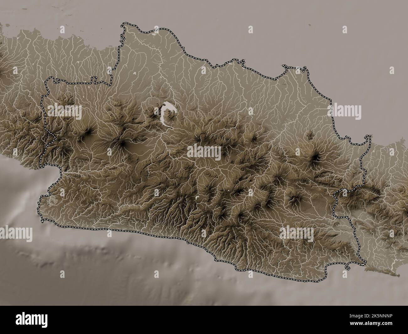 Jawa Barat, province of Indonesia. Elevation map colored in sepia tones ...