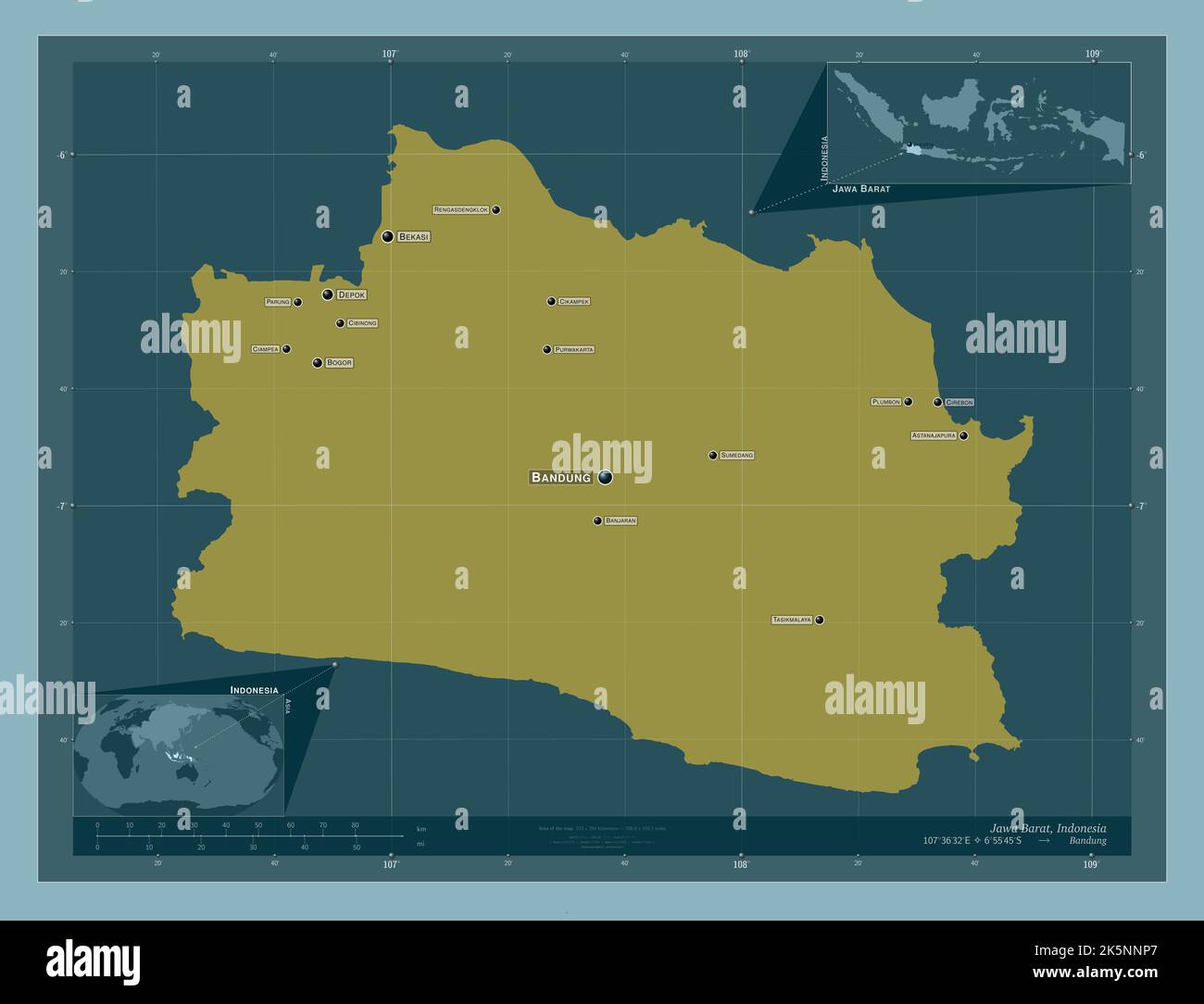 Jawa Barat, province of Indonesia. Solid color shape. Locations and ...