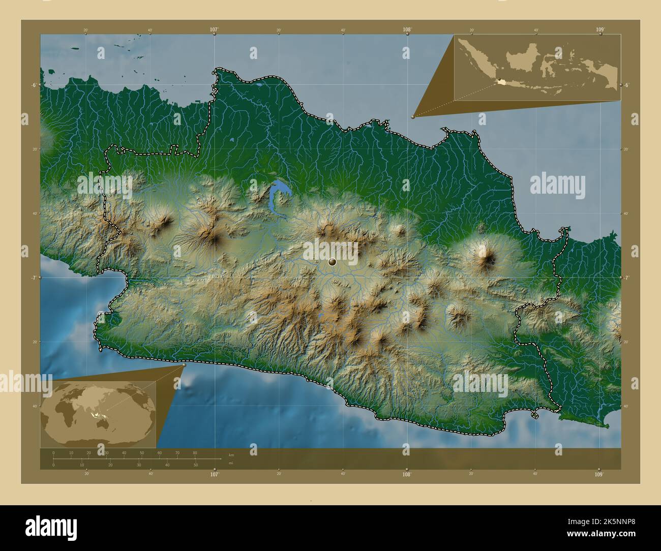 Jawa Barat, province of Indonesia. Colored elevation map with lakes and ...