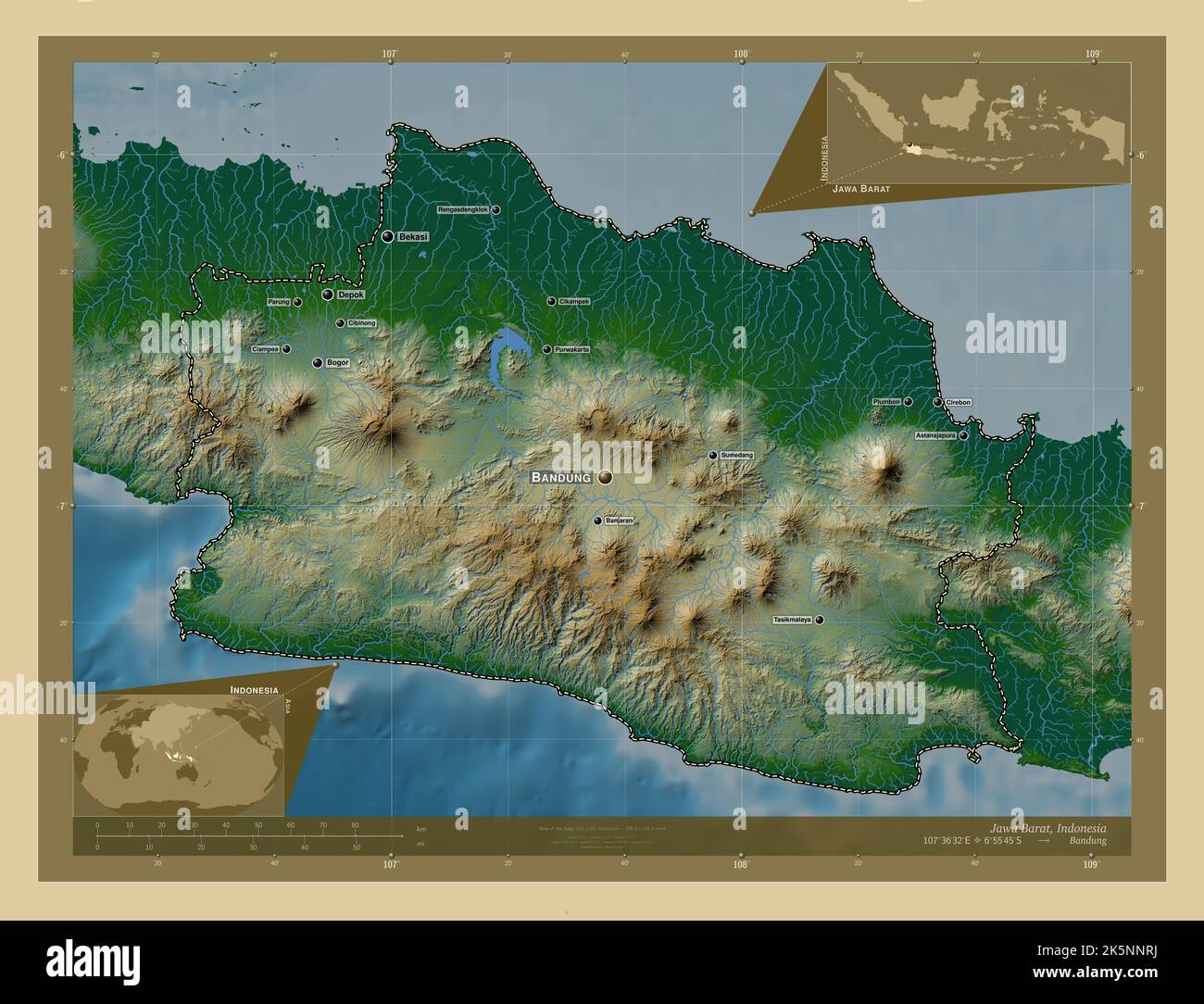 Jawa Barat, province of Indonesia. Colored elevation map with lakes and ...
