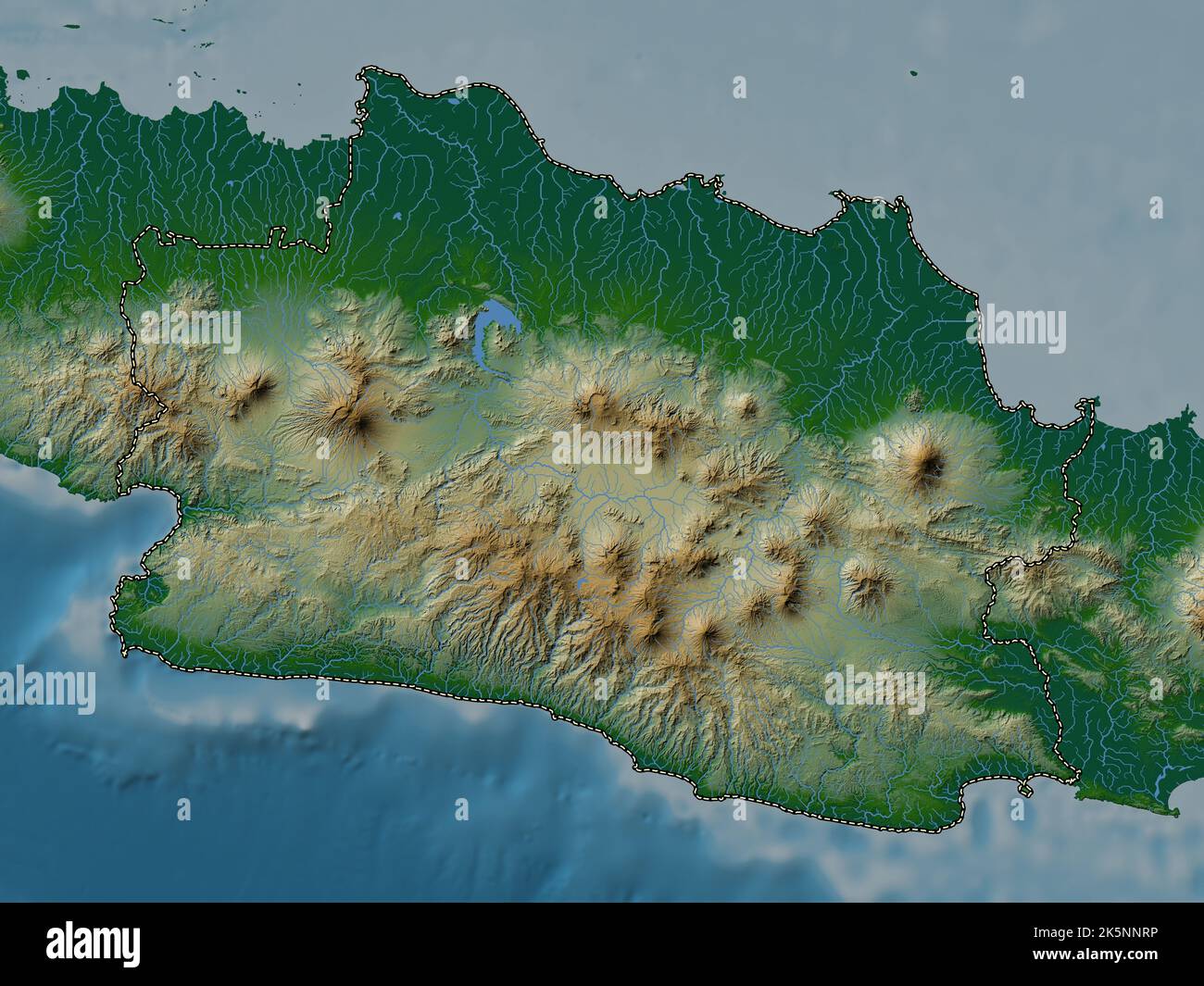 Jawa Barat, province of Indonesia. Colored elevation map with lakes and ...
