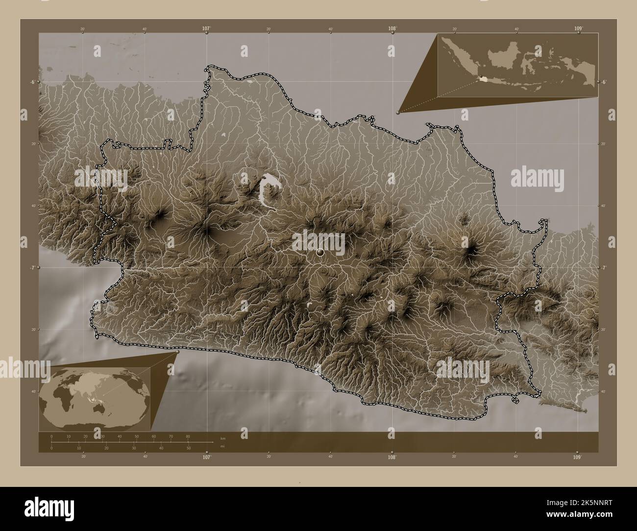 Jawa Barat, province of Indonesia. Elevation map colored in sepia tones with lakes and rivers ...