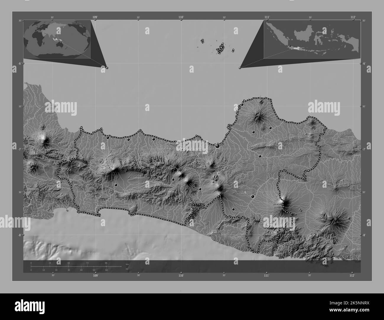 Jawa Tengah, city of Indonesia. Bilevel elevation map with lakes and ...