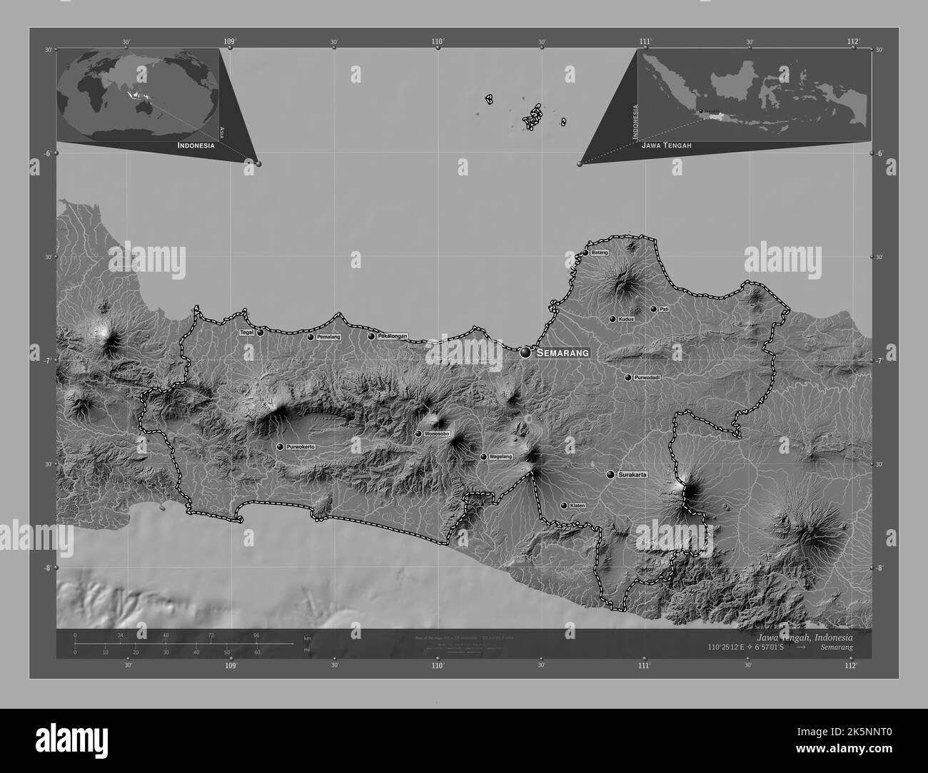 Jawa Tengah, city of Indonesia. Bilevel elevation map with lakes and ...