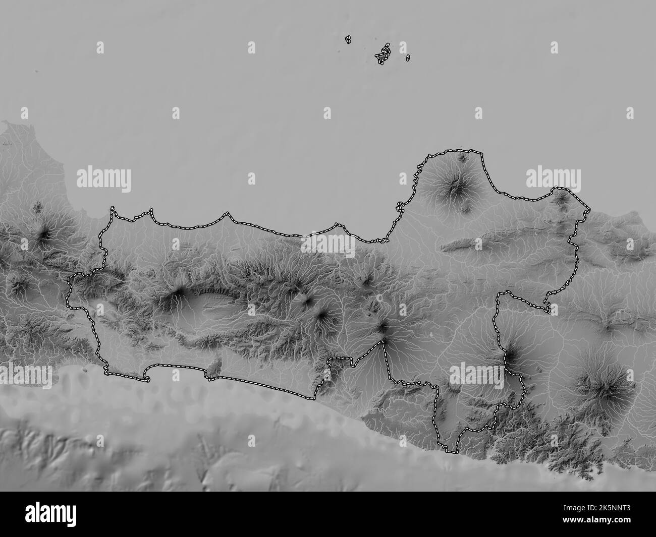 Jawa Tengah, city of Indonesia. Grayscale elevation map with lakes and ...