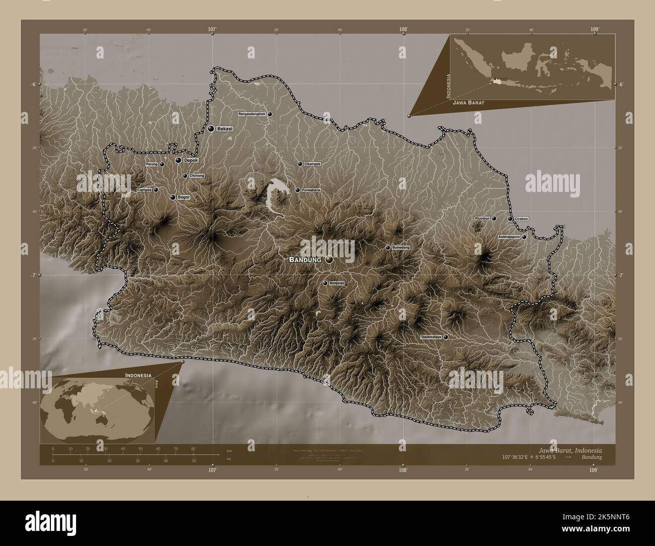 Jawa Barat, province of Indonesia. Elevation map colored in sepia tones ...