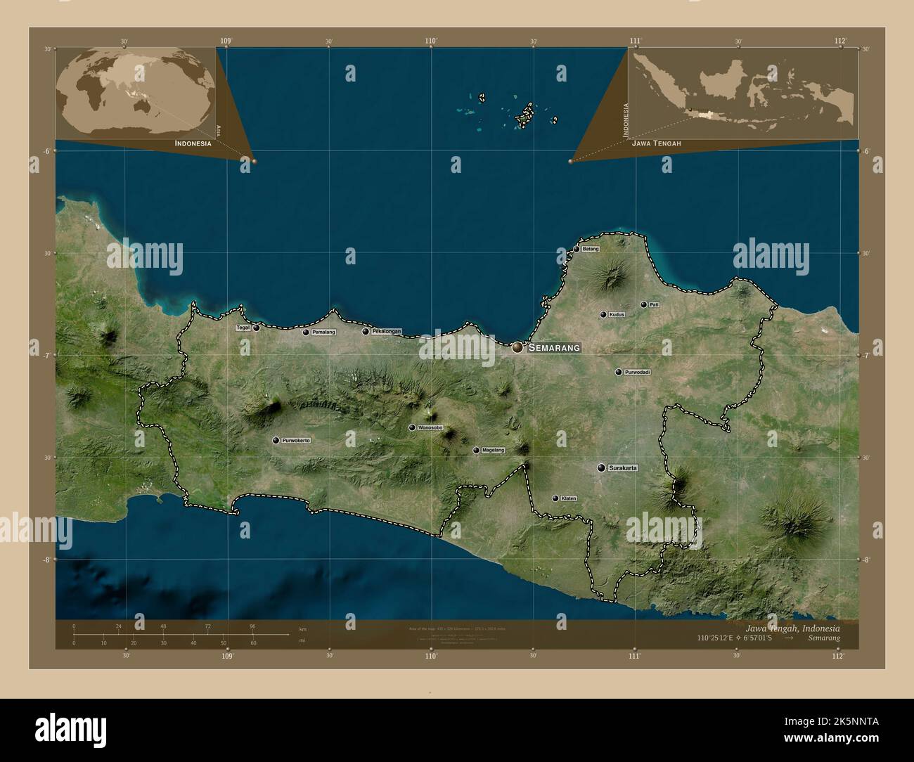 Jawa Tengah, city of Indonesia. Low resolution satellite map. Locations ...