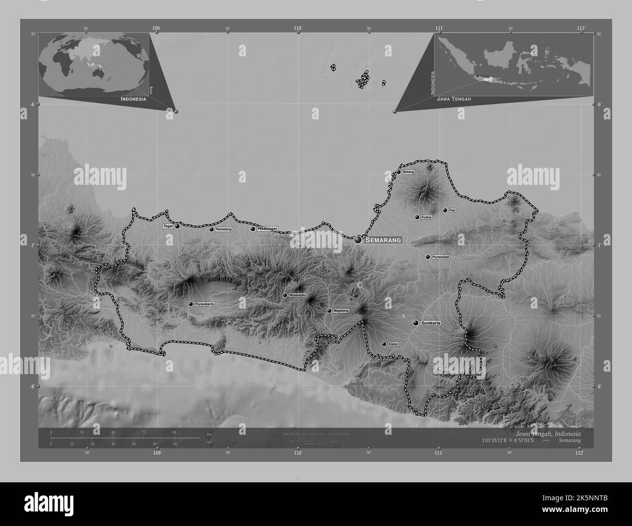 Jawa Tengah, city of Indonesia. Grayscale elevation map with lakes and ...