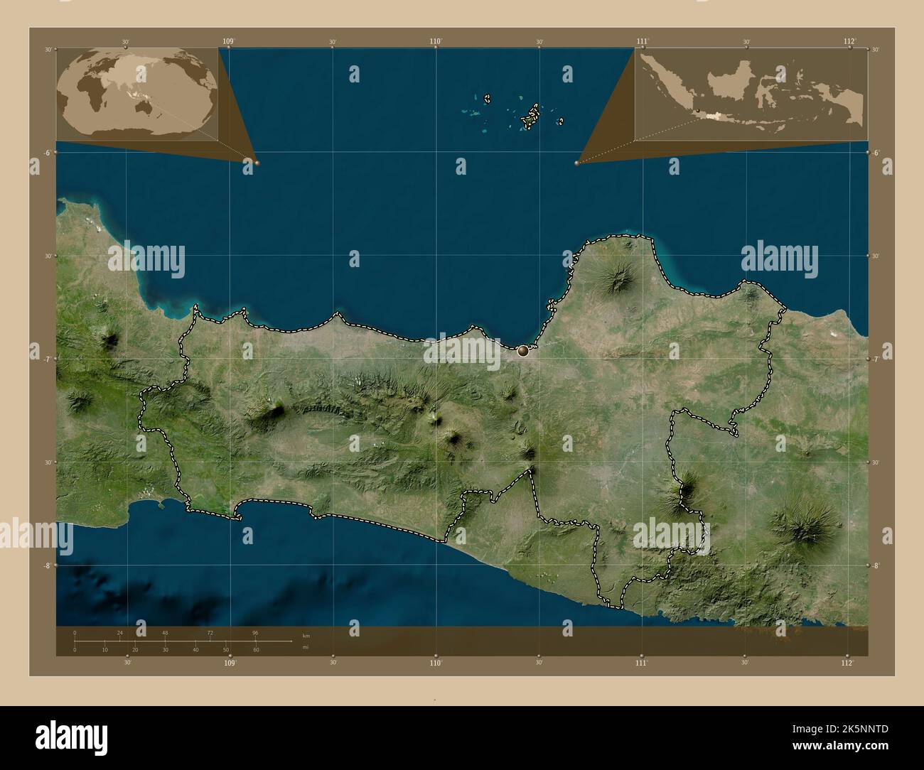 Jawa Tengah, city of Indonesia. Low resolution satellite map. Corner ...