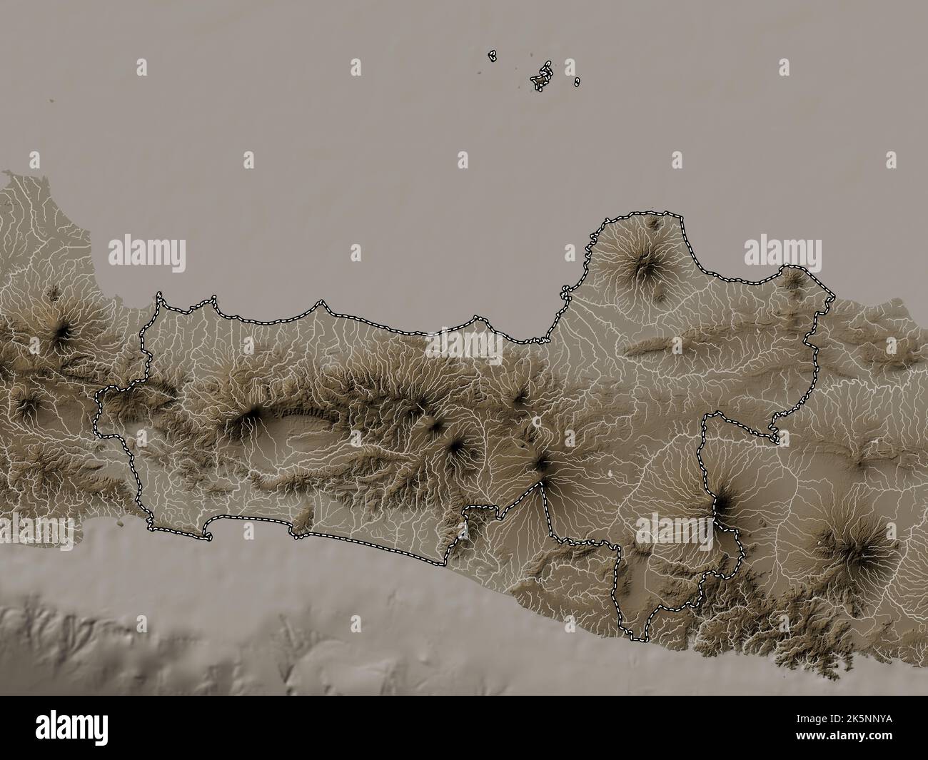 Jawa Tengah, city of Indonesia. Elevation map colored in sepia tones with lakes and rivers Stock ...