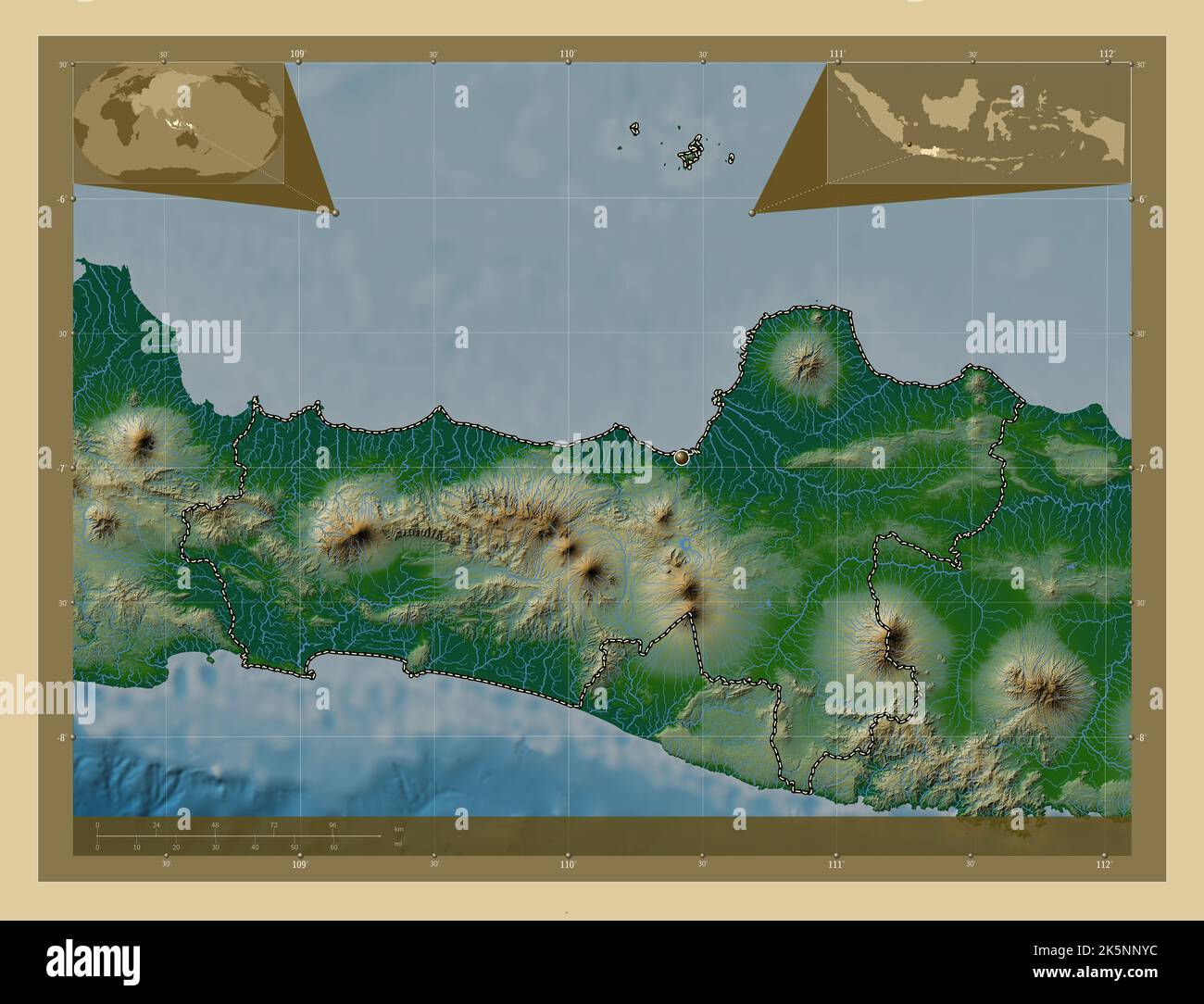 Jawa Tengah, city of Indonesia. Colored elevation map with lakes and ...