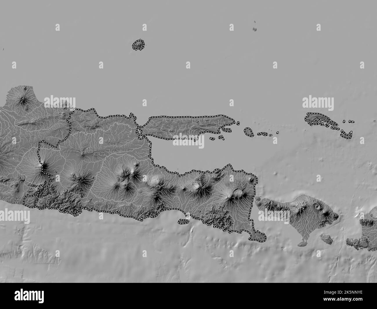 Jawa Timur, province of Indonesia. Bilevel elevation map with lakes and ...