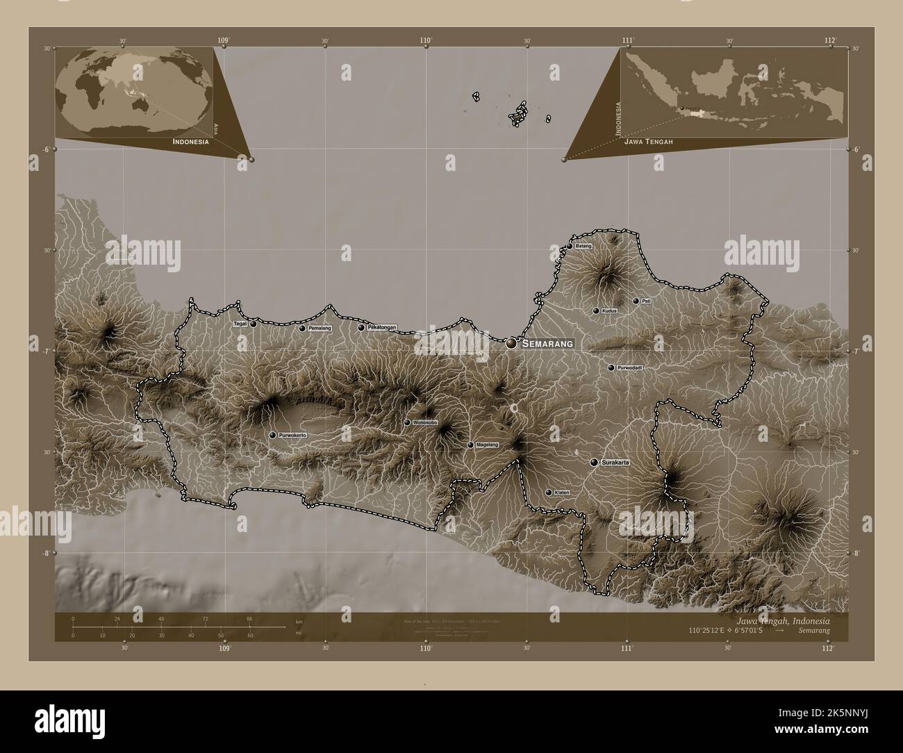 Jawa Tengah, city of Indonesia. Elevation map colored in sepia tones ...