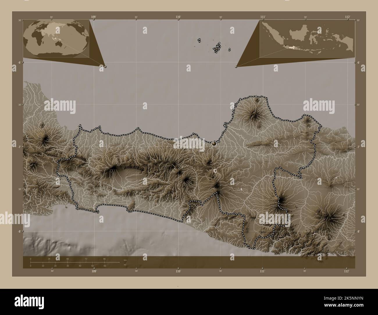Jawa Tengah, city of Indonesia. Elevation map colored in sepia tones ...